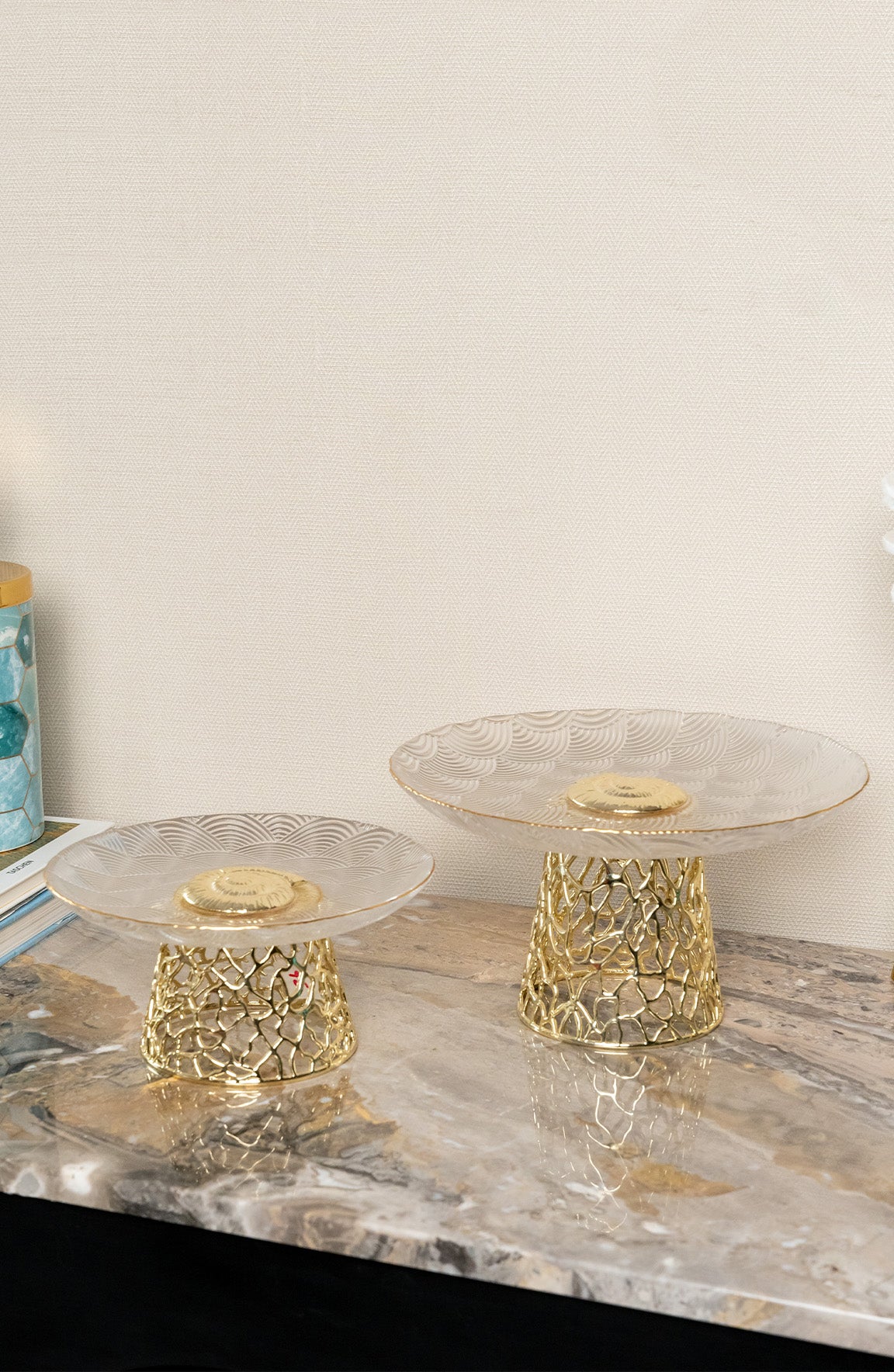 Weber Set Of 2 Gold Glass & Metal Platter